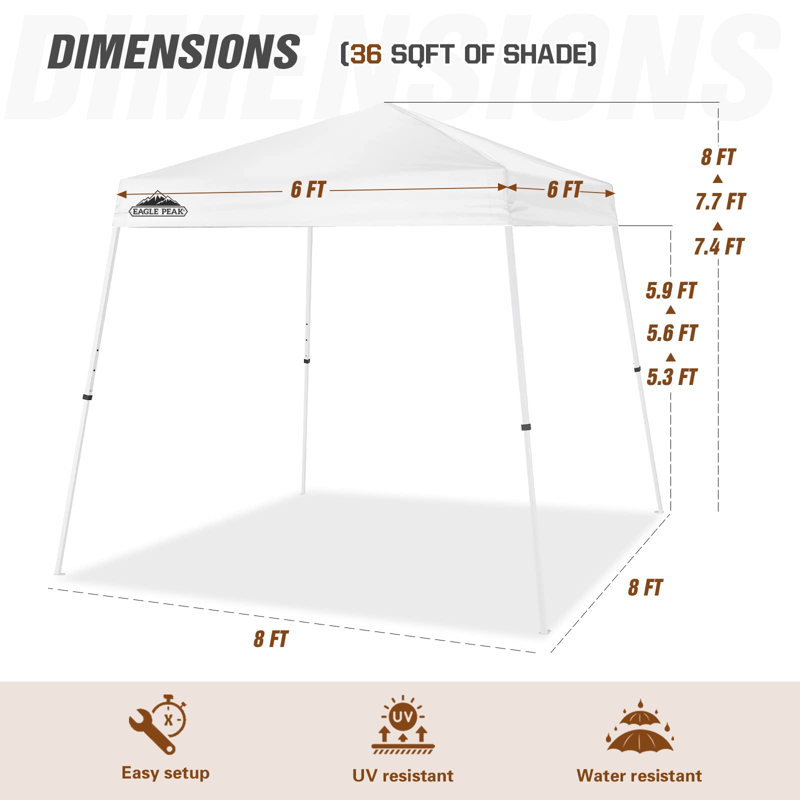 EAGLE PEAK 8x8 Slant Leg Pop-up Canopy Tent Easy One Person Setup Instant Outdoor Beach Canopy Folding Portable Sports Shelter 8x8 Base 6x6 Top (White)