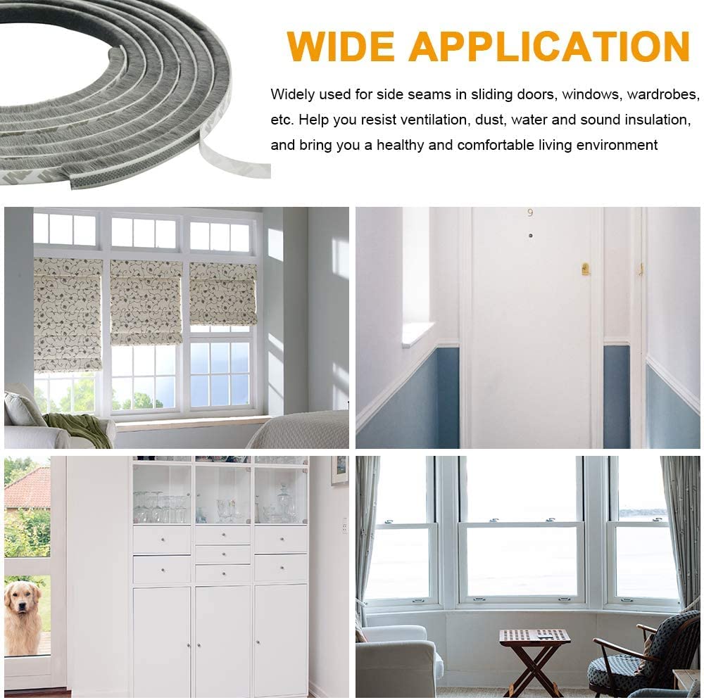 33ft Weather Stripping Brush for Sliding Windows/Doors Frame Side,Pile Self Adhesive Weatherstrip Seal Strip Sealer Draft Stoppers (33ft 0.35''Wide x 0.35''Thick, Gray)