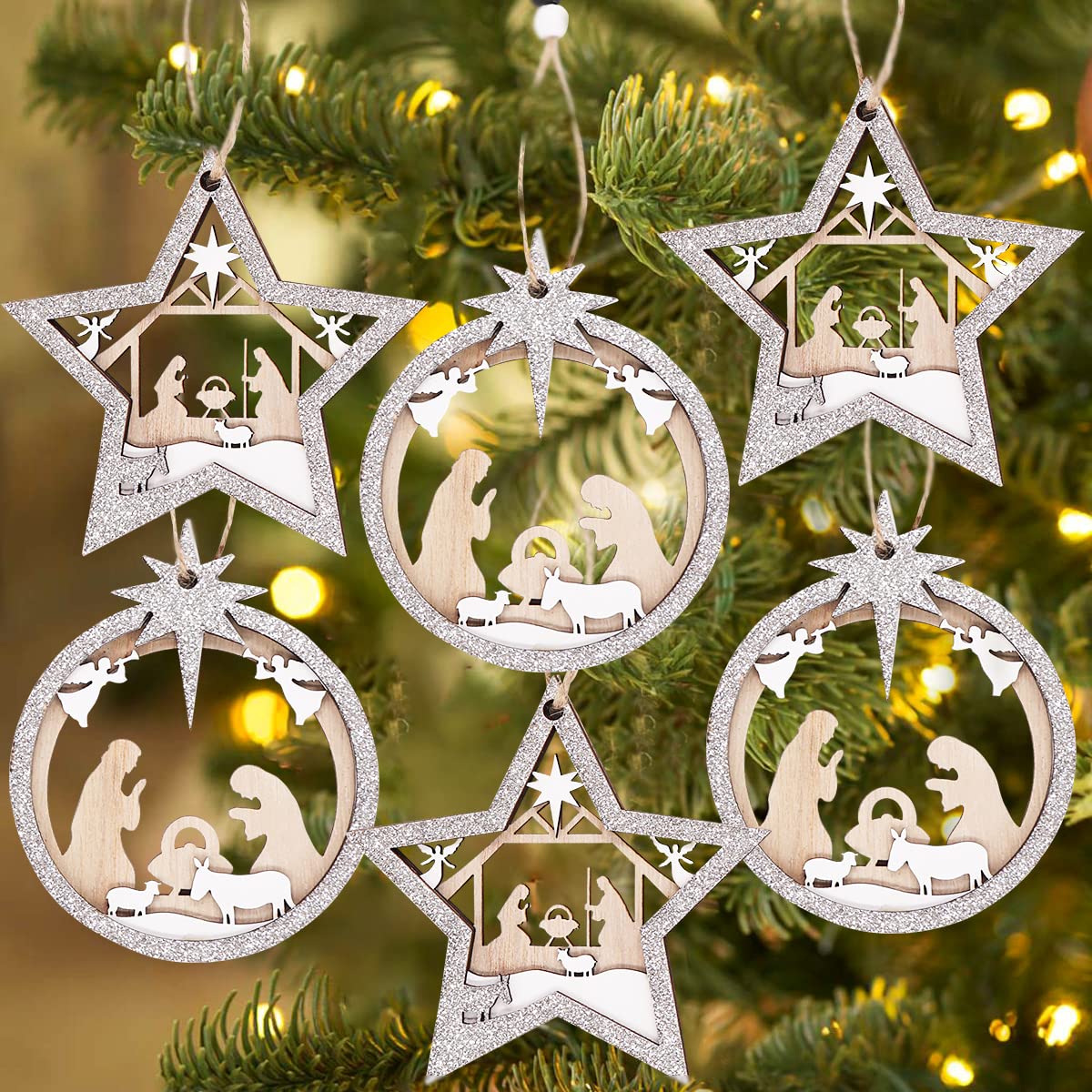 Treory Christmas Decorations Indoor Nativity Scene Ornaments, 6 Set Wooden Christian Tree Ornaments, 3-Layer Sliver White Carved Wood The Birth of Jesus Decorations, Religious Xmas Decor for Home
