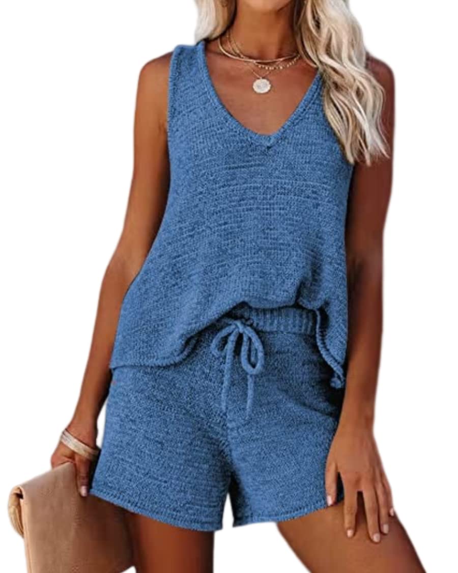 Ekouaer Womens 2024 Fashion Knit Pajamas Set 2 Piece Outfits V-Neck Sleeveless Tank Top and Drawstring Shorts Set Light Blue L