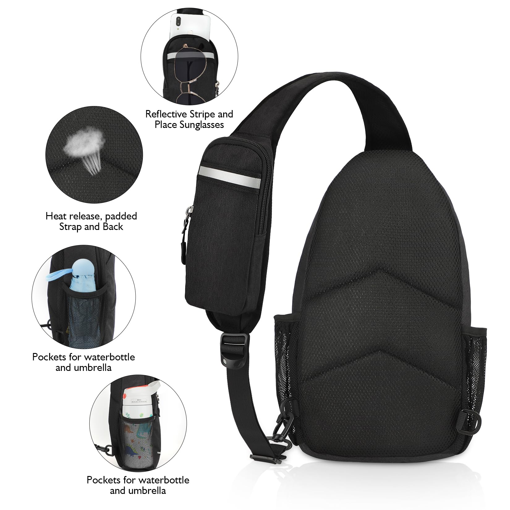MAYLISACC Sling Backpack, Crossbody Sling Bag, Lightweight Shoulder backpack, Chest bag, Hiking Daybag for Biking, Cycling Walking (black)