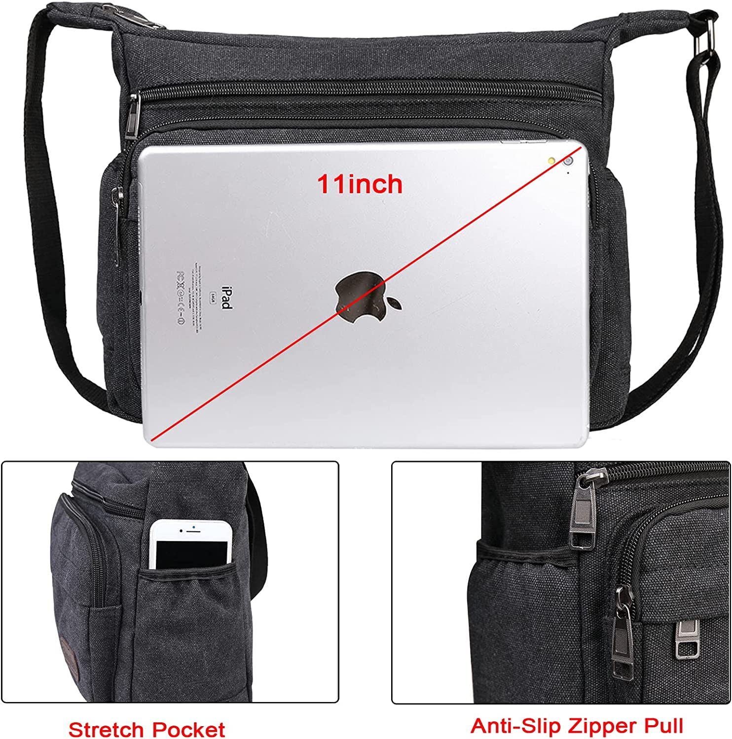 JAKAGO Canvas Messenger Bag Multi Pockets Shoulder Bag Cross body Satchel Bag for Business Travel Outdoor Daily Use (Black)