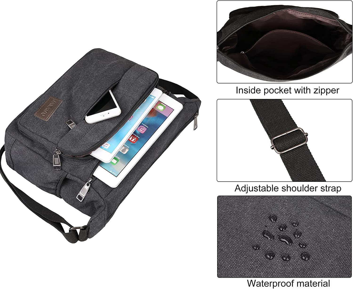 JAKAGO Canvas Messenger Bag Multi Pockets Shoulder Bag Cross body Satchel Bag for Business Travel Outdoor Daily Use (Black)