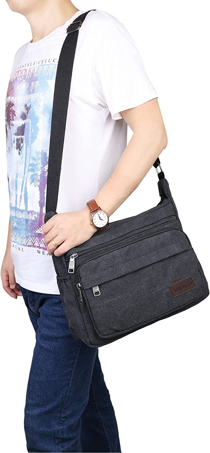 JAKAGO Canvas Messenger Bag Multi Pockets Shoulder Bag Cross body Satchel Bag for Business Travel Outdoor Daily Use (Black)