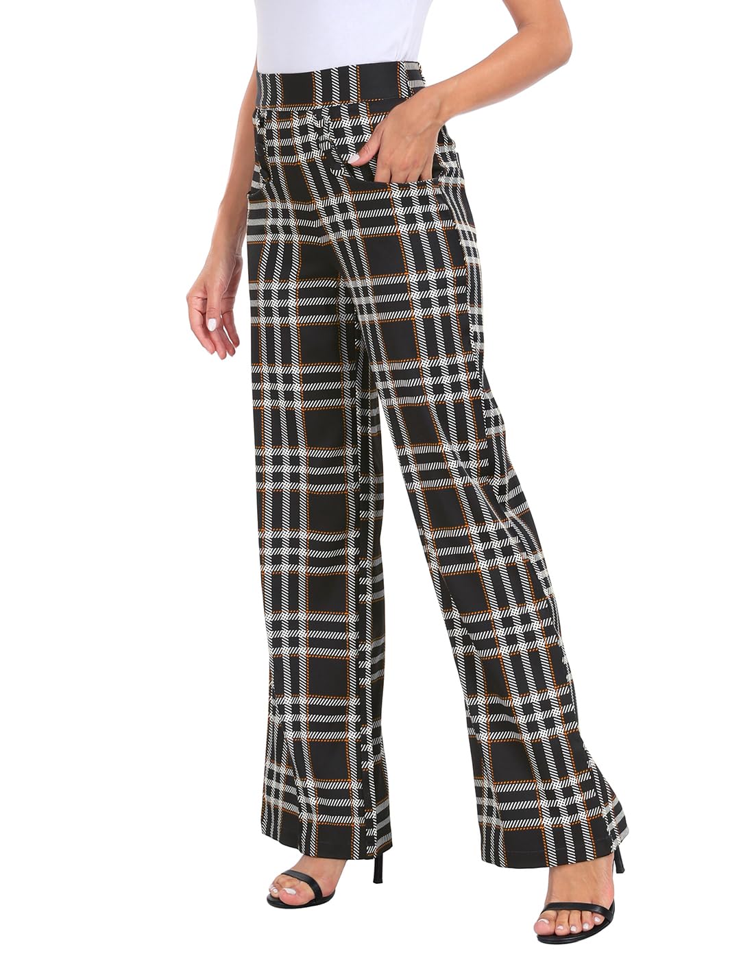 HDE Super High Waisted Wide Leg Pants Tailored Office Work Trousers with Pockets Fall Plaid - XL