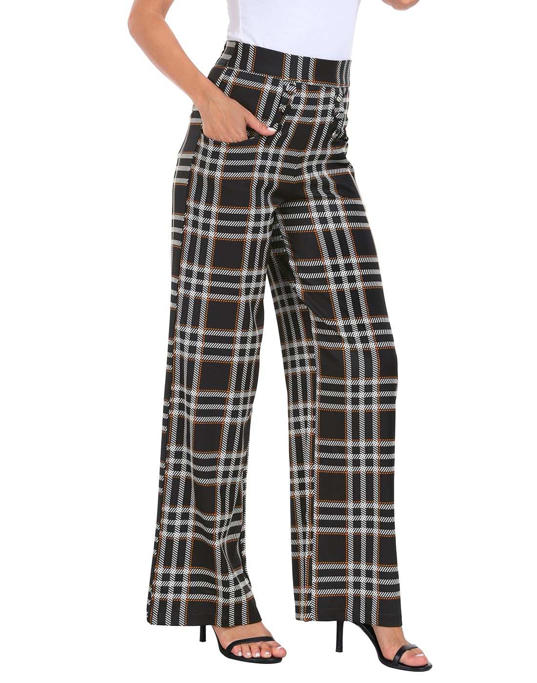 HDE Super High Waisted Wide Leg Pants Tailored Office Work Trousers with Pockets Fall Plaid - XL