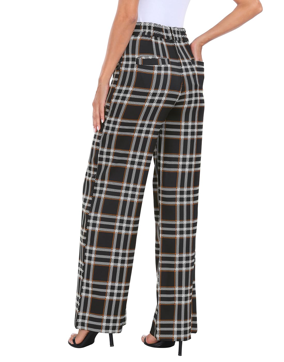 HDE Super High Waisted Wide Leg Pants Tailored Office Work Trousers with Pockets Fall Plaid - XL