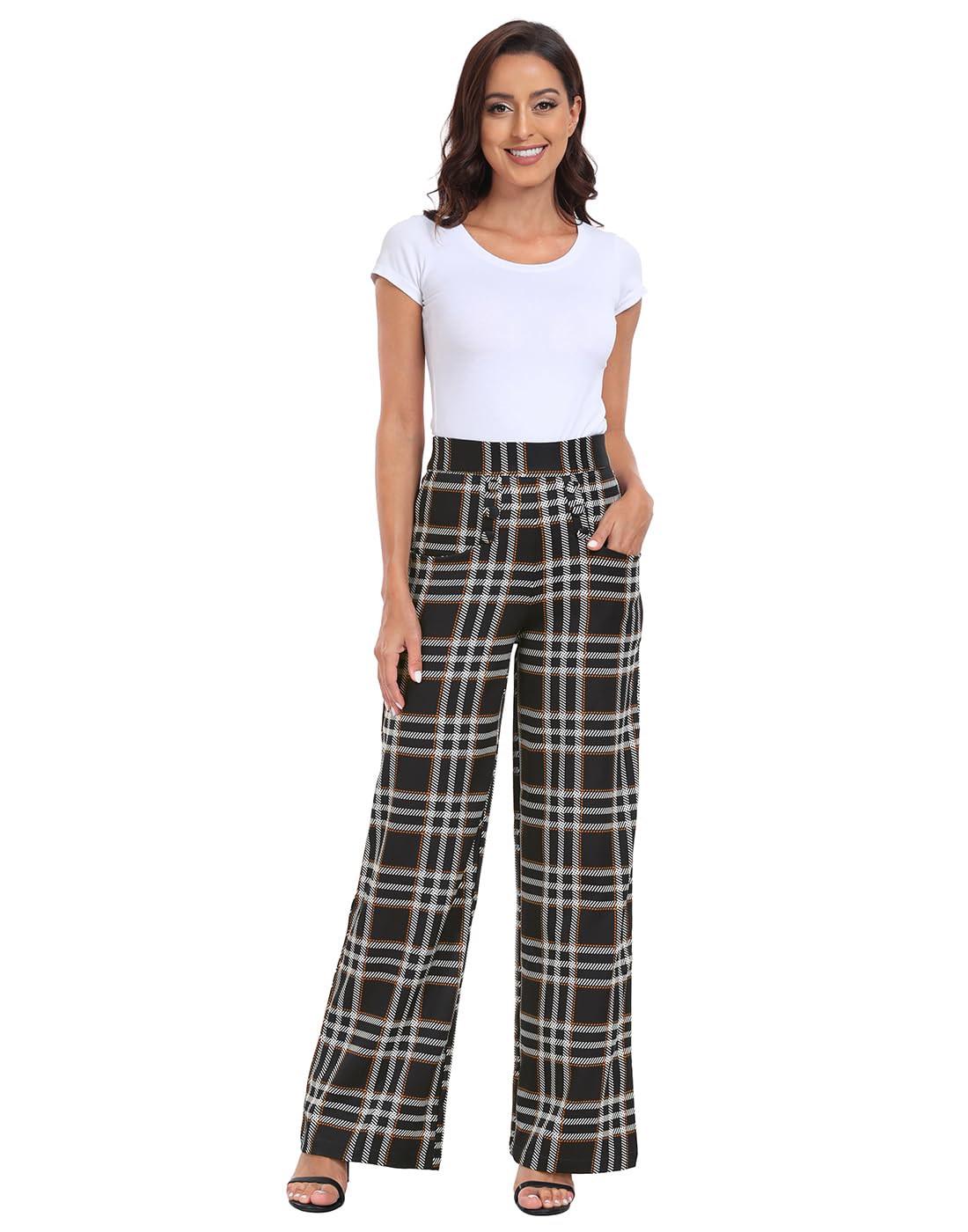 HDE Super High Waisted Wide Leg Pants Tailored Office Work Trousers with Pockets Fall Plaid - XL