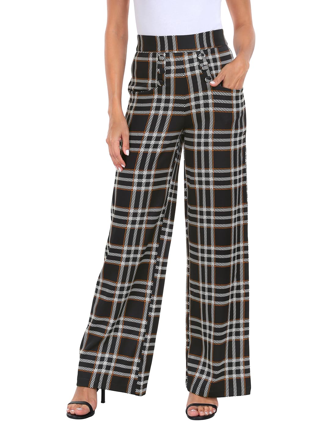 HDE Super High Waisted Wide Leg Pants Tailored Office Work Trousers with Pockets Fall Plaid - XL
