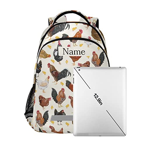 Custom Chicken Roosters Backpack Personalized Name Bookbags Reflective Design Travel School Bag for Student with Adjustable Buckles