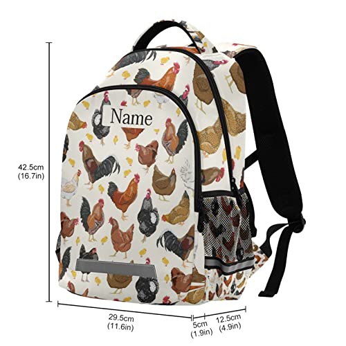 Custom Chicken Roosters Backpack Personalized Name Bookbags Reflective Design Travel School Bag for Student with Adjustable Buckles