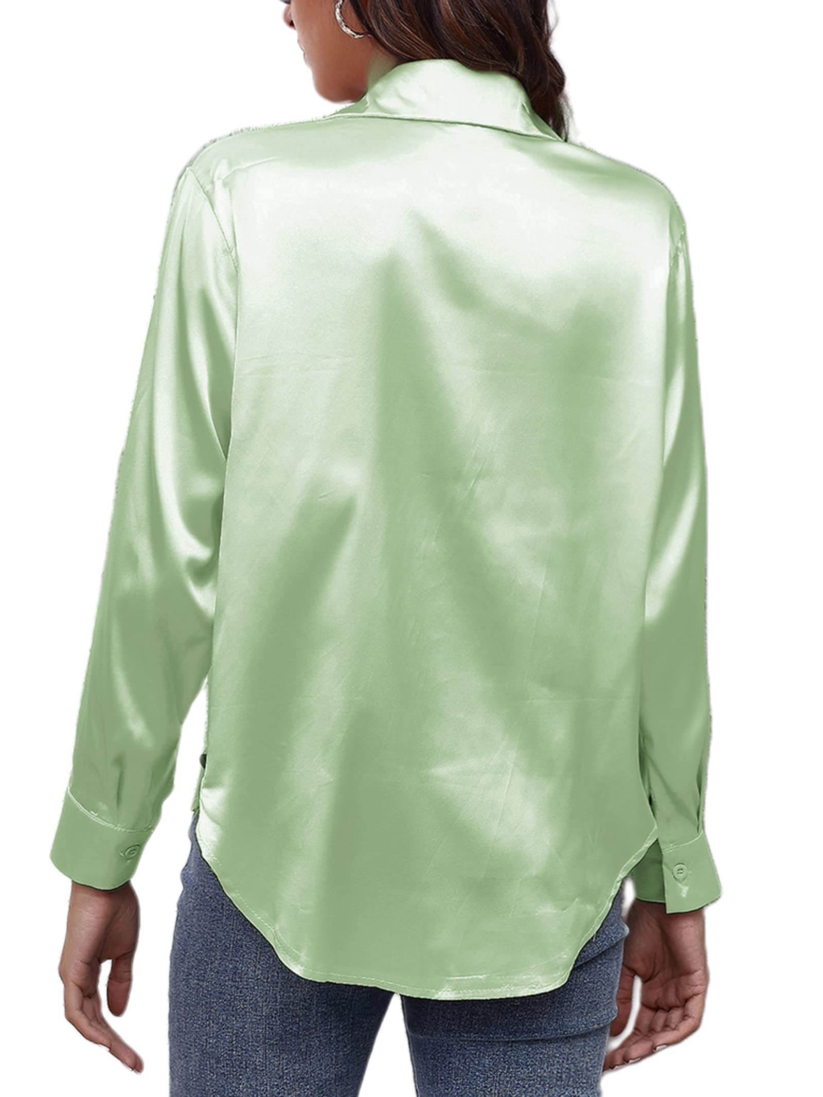Avanova Women's Long Sleeve Satin Blouse Top Casual V Neck Button Down Work Shirt Light Green Large