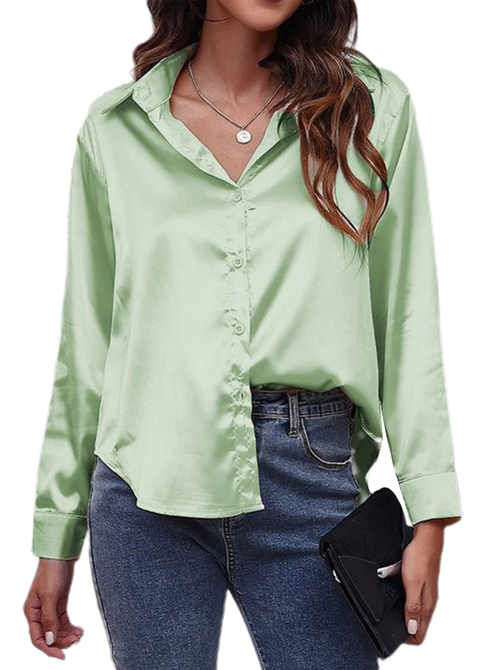 Avanova Women's Long Sleeve Satin Blouse Top Casual V Neck Button Down Work Shirt Light Green Large