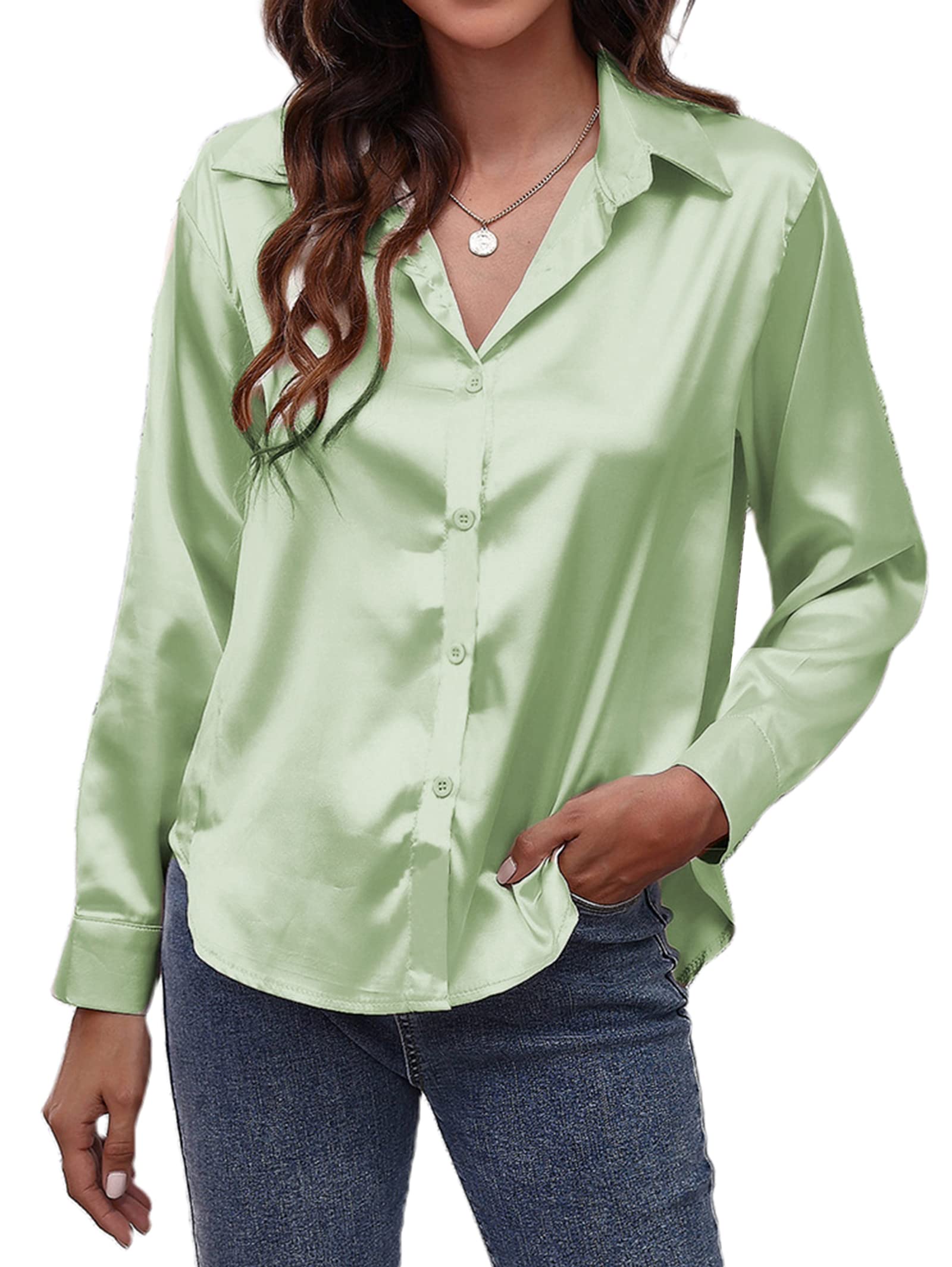 Avanova Women's Long Sleeve Satin Blouse Top Casual V Neck Button Down Work Shirt Light Green Large