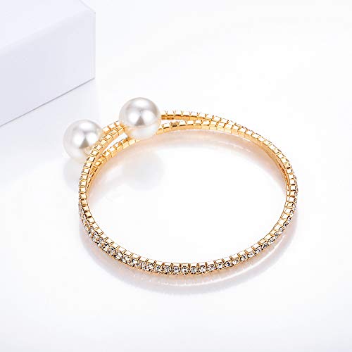 Handmade Crystal Pearl Elastic Bangle Gold Silver Multilayer Freshwater Pearl Bracelet Sparkling Stackable Crystal Bracelets for Women Wedding Jewelry