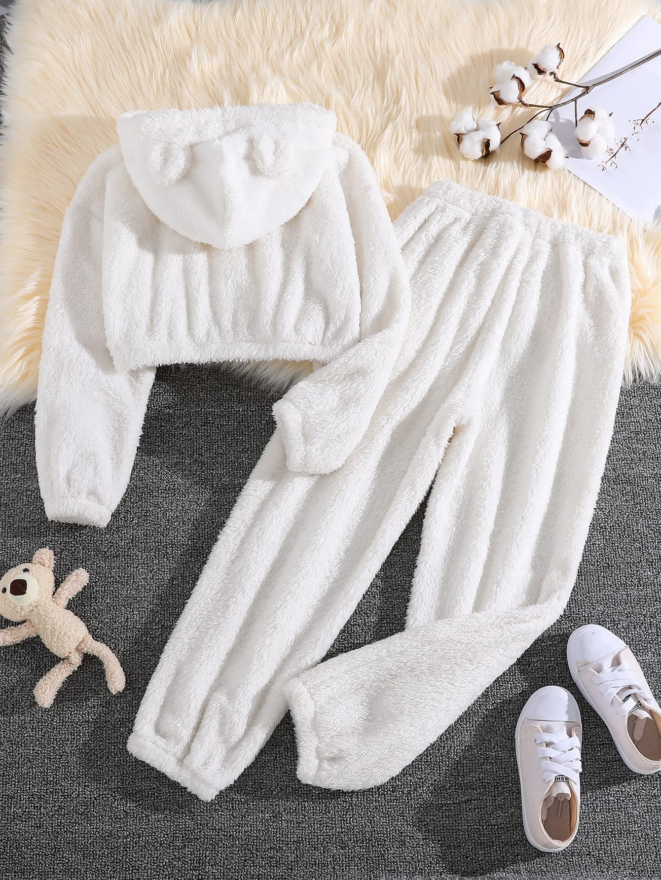 SOLY HUX Girl's Bear Ear Fuzzy Drop Shoulder Hoodie Sweatshirt with Sweatpants Two Piece Outfit Solid White