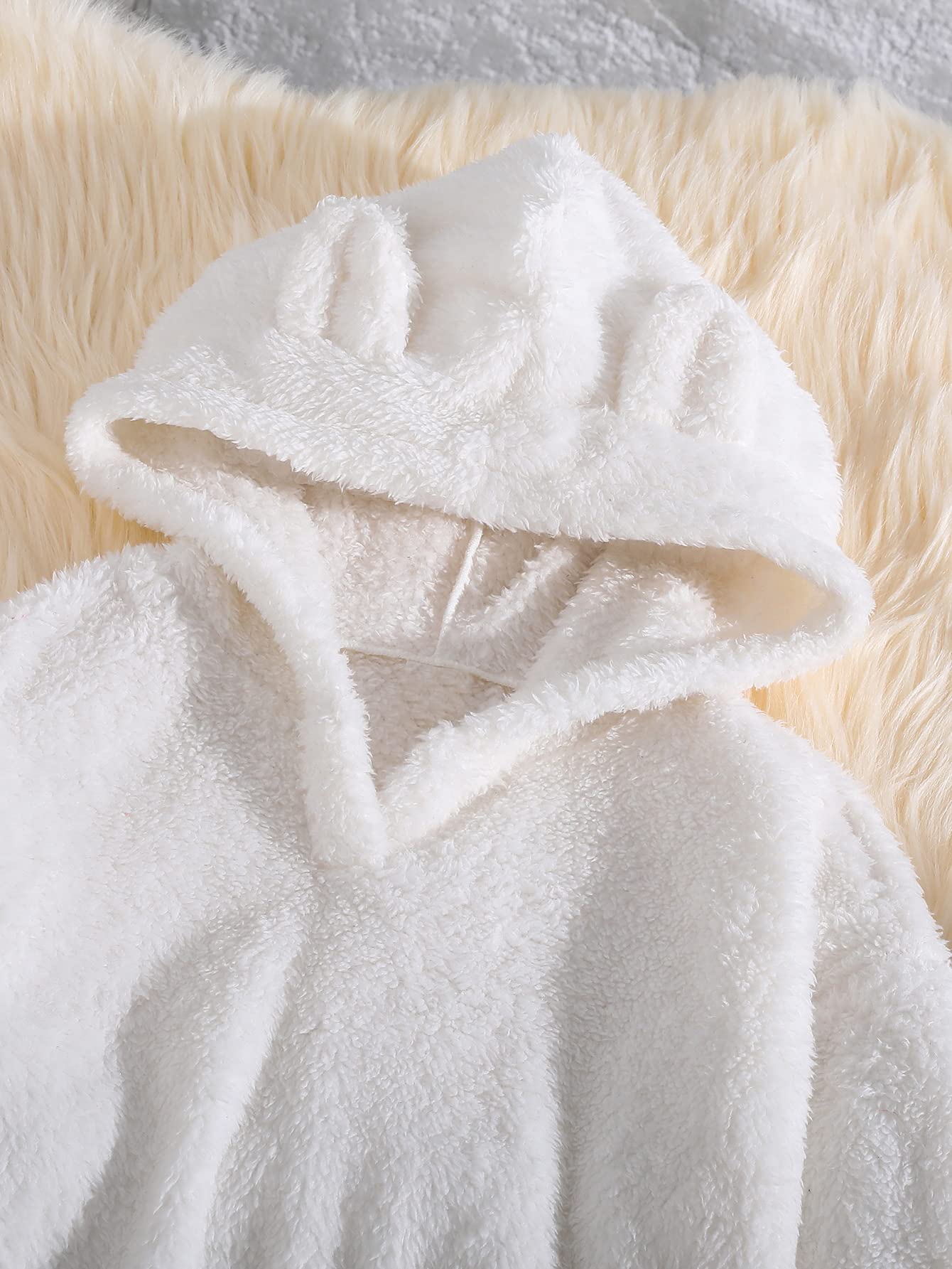 SOLY HUX Girl's Bear Ear Fuzzy Drop Shoulder Hoodie Sweatshirt with Sweatpants Two Piece Outfit Solid White