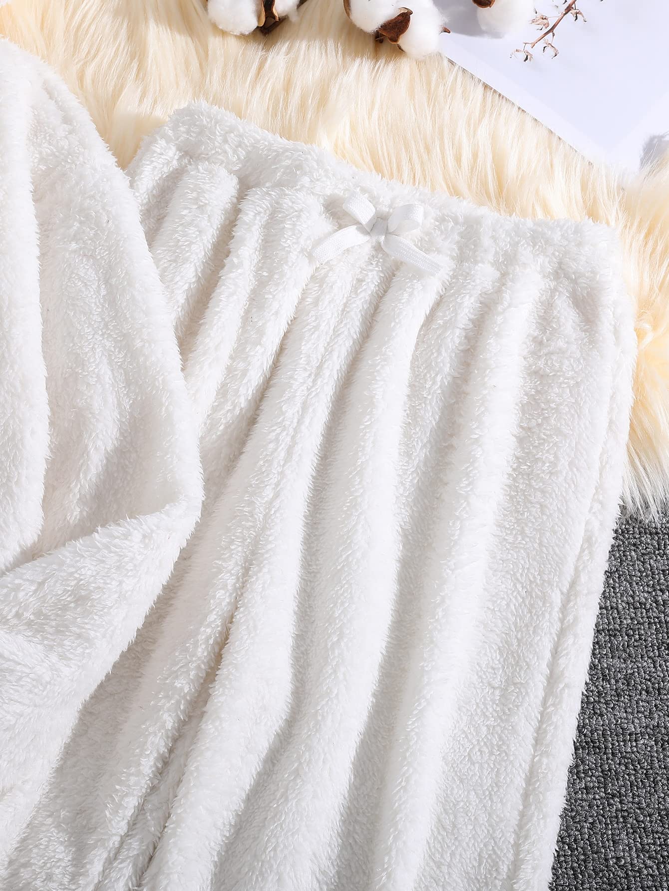 SOLY HUX Girl's Bear Ear Fuzzy Drop Shoulder Hoodie Sweatshirt with Sweatpants Two Piece Outfit Solid White