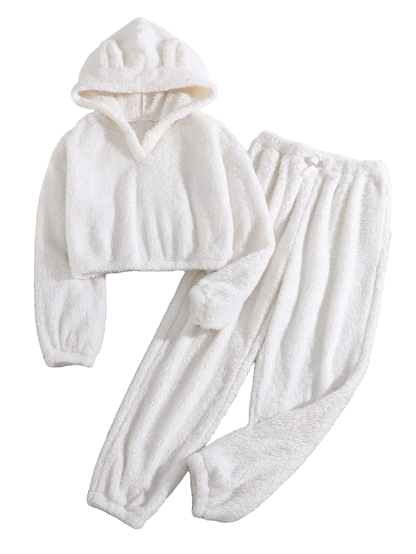 SOLY HUX Girl's Bear Ear Fuzzy Drop Shoulder Hoodie Sweatshirt with Sweatpants Two Piece Outfit Solid White