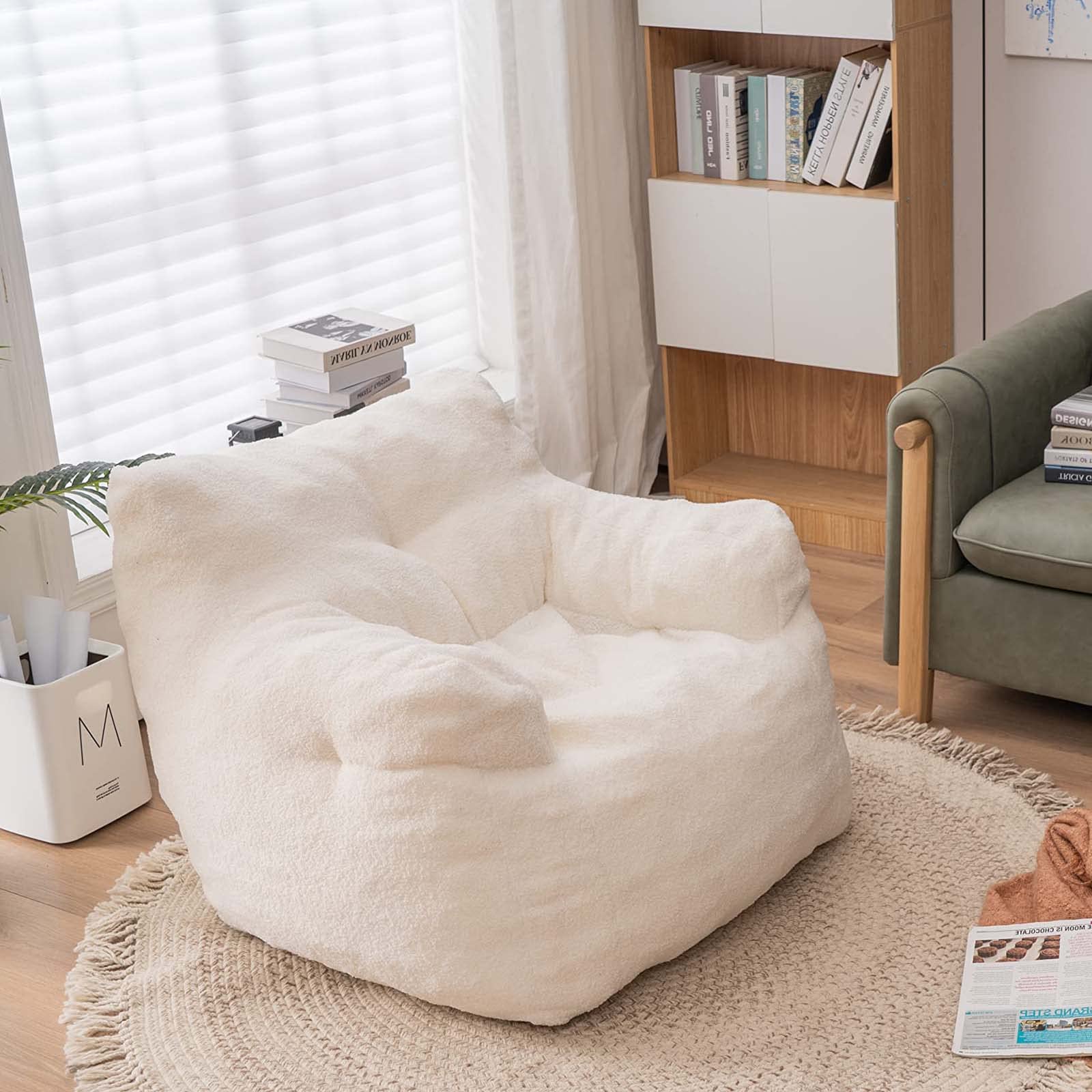 Beanbags Bean Bag Chair, Ultra Soft Teddy Fabric Arm Chair for Adults Kids, Comfy Leisure Sofa Chair for Bedroom, Living Room, Apartment, Ivory
