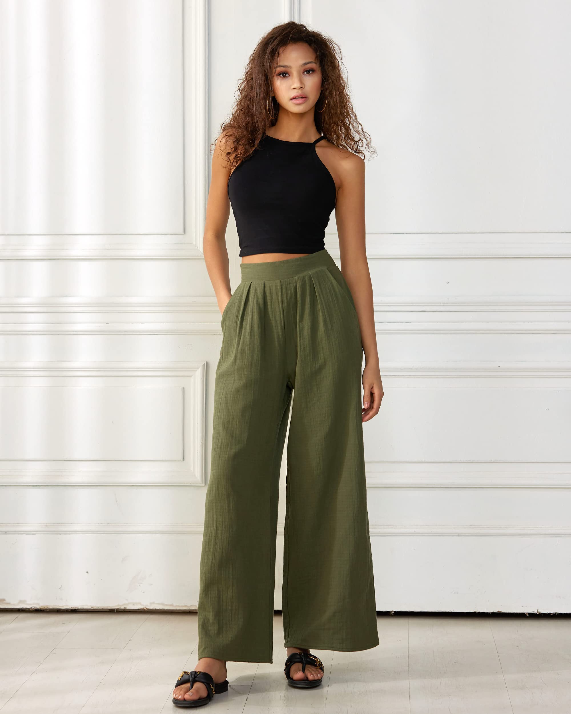 noflik Women's Cotton Smocked High Waist Straight Wide Leg Palazzo Lounge Pants (Olive, L)
