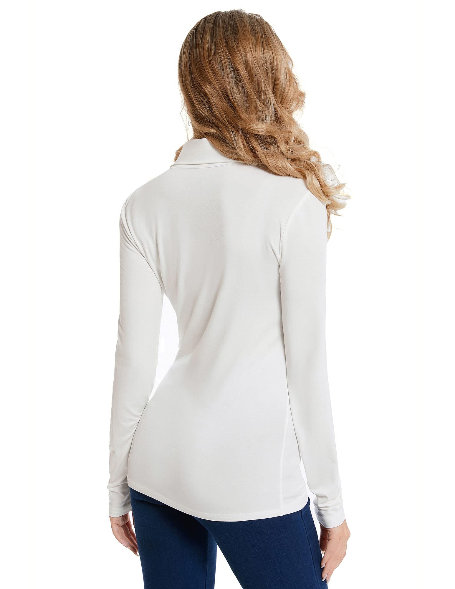 AmélieBoutik Women Collar V Neck Long Sleeve Polo Shirt (Ivory White Medium)