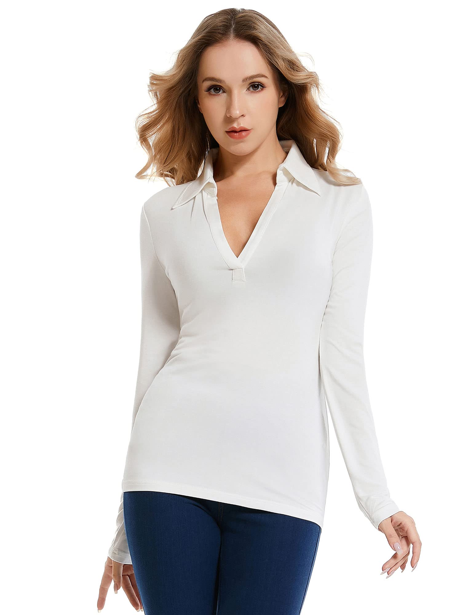 AmélieBoutik Women Collar V Neck Long Sleeve Polo Shirt (Ivory White Medium)