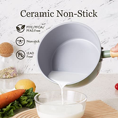 ROCKURWOK Ceramic Nonstick Sauce Pan, 1.5QT and 2QT Saucepan Pot Set, PFAS-Free, Non Toxic & PFAS-Free, Wooden Handle for Cool Touch, Universal Base(Gas, Electric & Induction), Green
