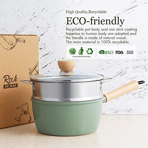 ROCKURWOK Ceramic Nonstick Sauce Pan, 1.5QT and 2QT Saucepan Pot Set, PFAS-Free, Non Toxic & PFAS-Free, Wooden Handle for Cool Touch, Universal Base(Gas, Electric & Induction), Green