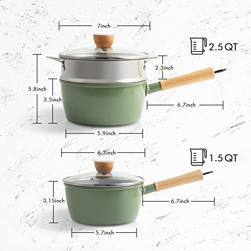 ROCKURWOK Ceramic Nonstick Sauce Pan, 1.5QT and 2QT Saucepan Pot Set, PFAS-Free, Non Toxic & PFAS-Free, Wooden Handle for Cool Touch, Universal Base(Gas, Electric & Induction), Green