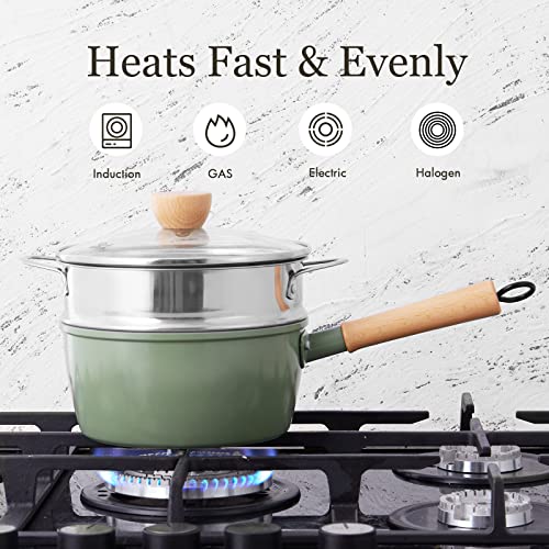 ROCKURWOK Ceramic Nonstick Sauce Pan, 1.5QT and 2QT Saucepan Pot Set, PFAS-Free, Non Toxic & PFAS-Free, Wooden Handle for Cool Touch, Universal Base(Gas, Electric & Induction), Green