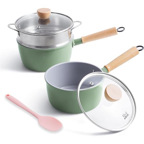 ROCKURWOK Ceramic Nonstick Sauce Pan, 1.5QT and 2QT Saucepan Pot Set, PFAS-Free, Non Toxic & PFAS-Free, Wooden Handle for Cool Touch, Universal Base(Gas, Electric & Induction), Green