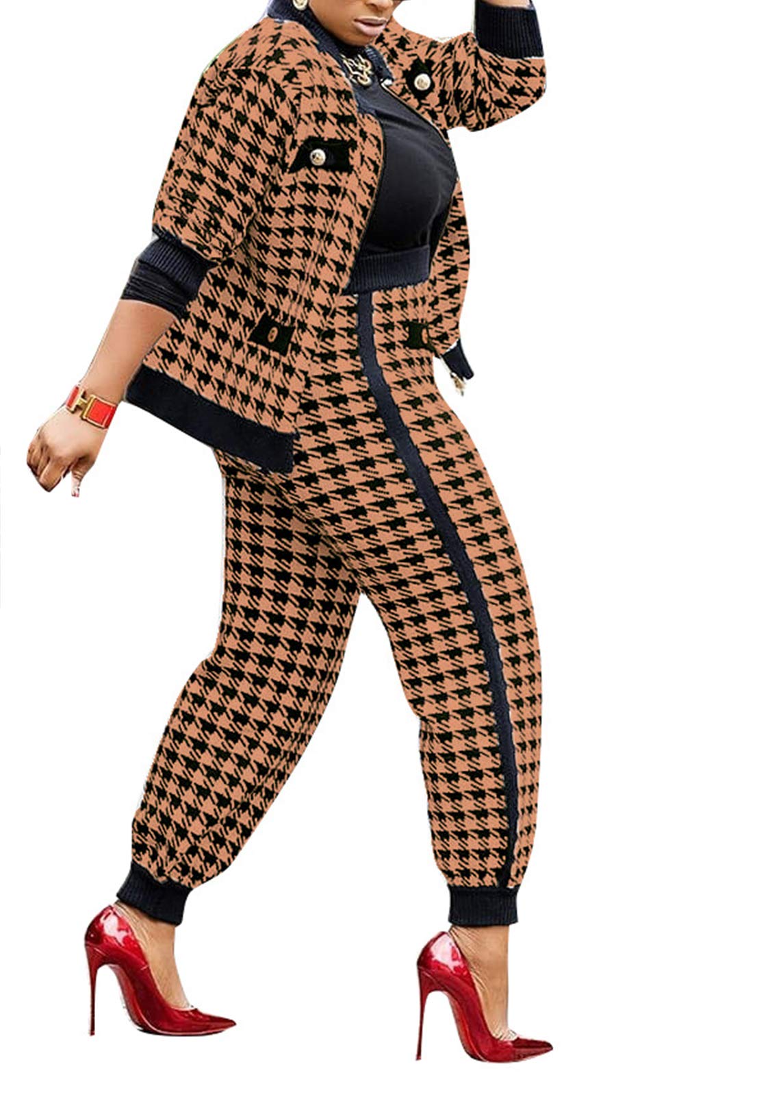 LKOUS Autumn and Winter Two-Piece Suits, Houndstooth Blazers for Women