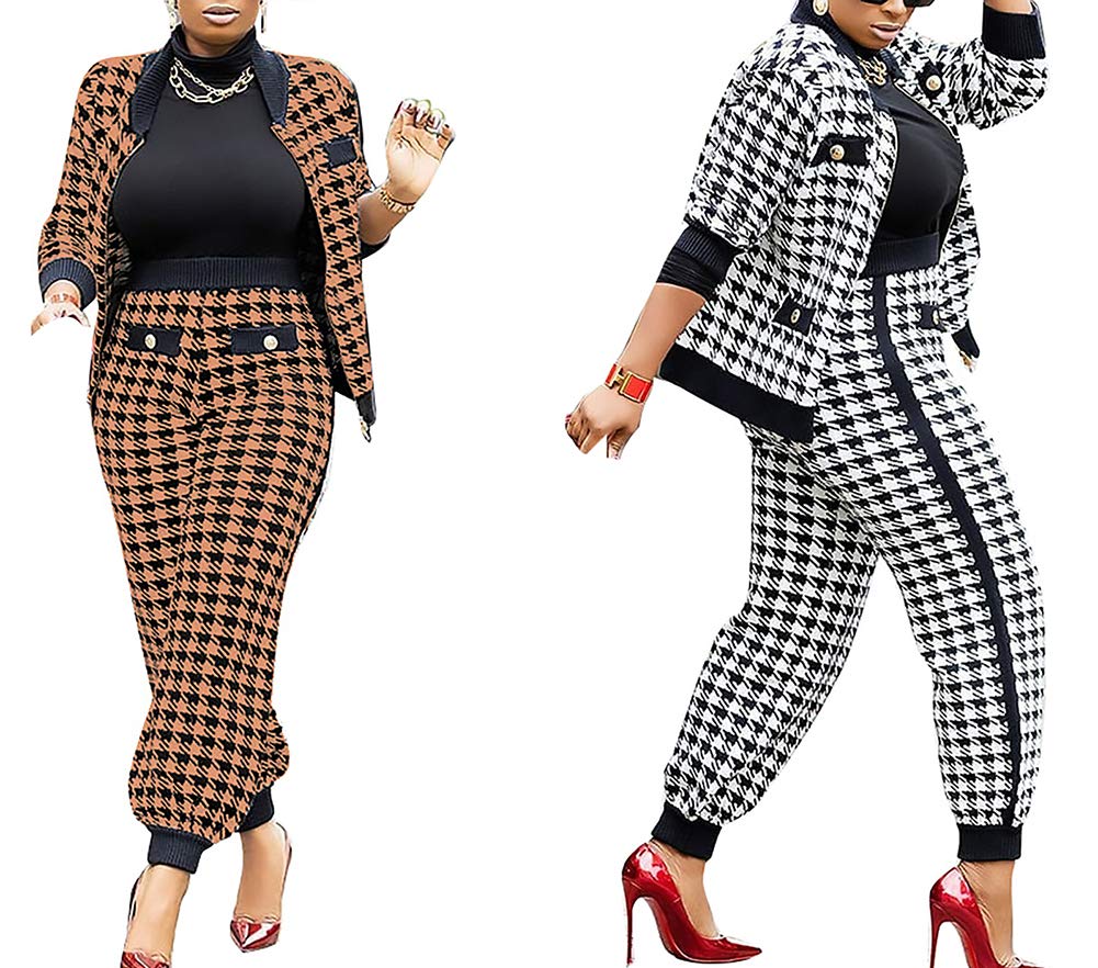 LKOUS Autumn and Winter Two-Piece Suits, Houndstooth Blazers for Women