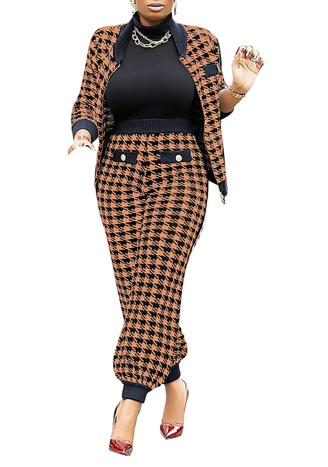 LKOUS Autumn and Winter Two-Piece Suits, Houndstooth Blazers for Women