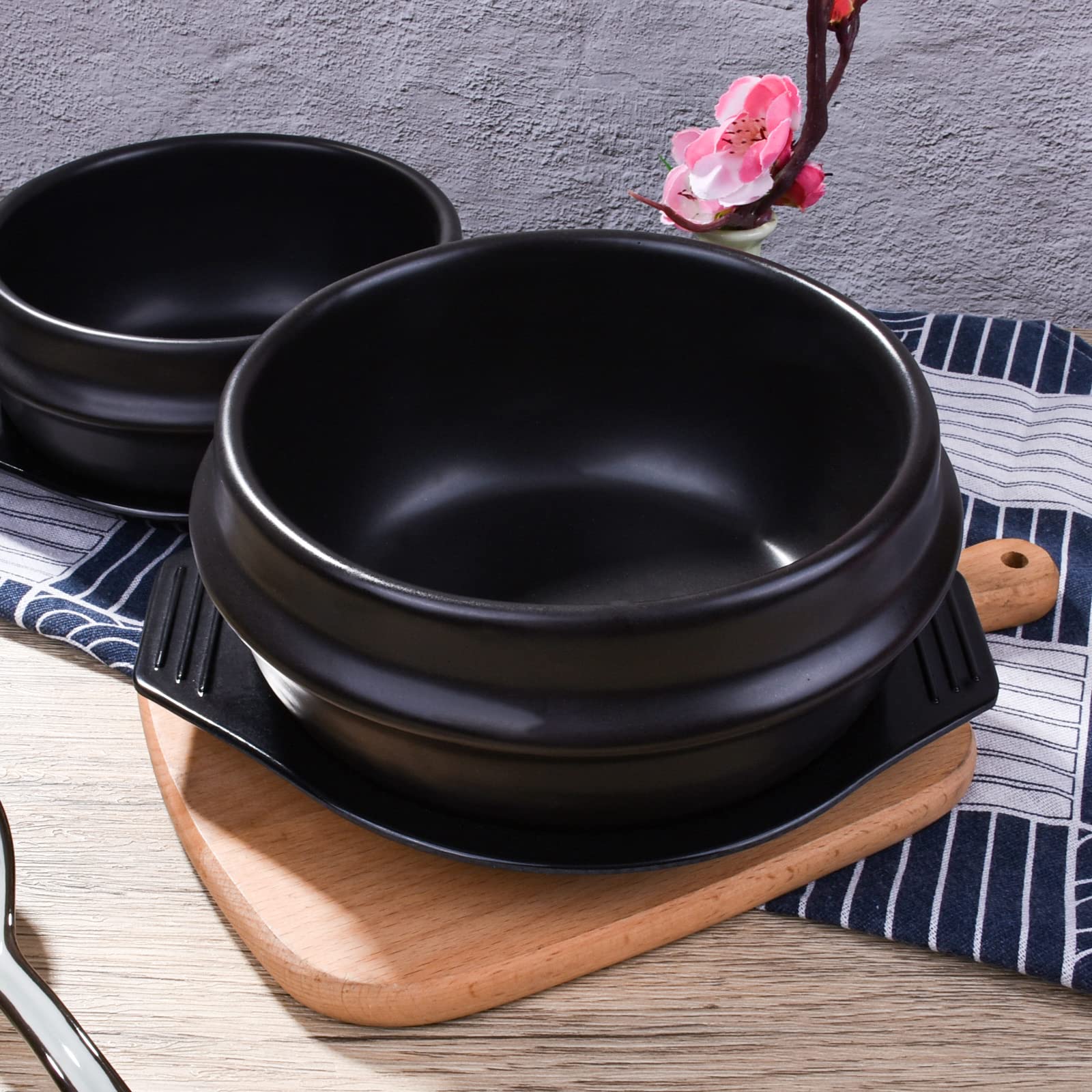 Swlthwen Korean Stone Bowl with Tray, Premium Ceramic, Stone Hot Pot for Bibimbap Soup Korean Stone Bibimbap