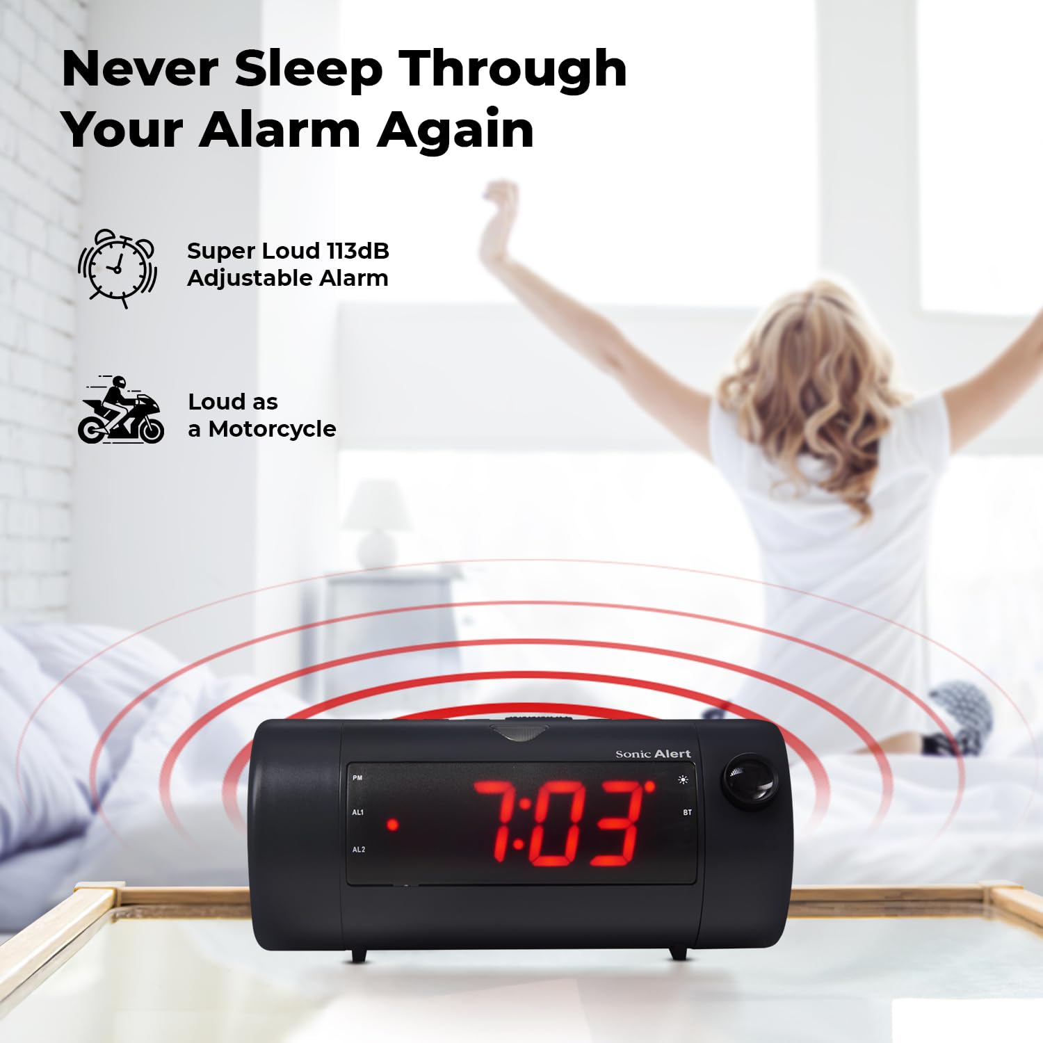 Sonic Blast Digital Alarm Clock – Alarm Clock for Heavy Sleepers – Projection Alarm Clock – Android & iOS Compatible - Bluetooth Speaker, USB Port – AUX Compatible