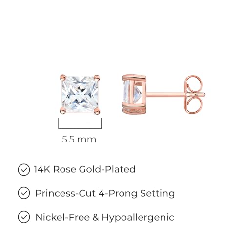 Amazon Essentials Rose Gold Plated Sterling Silver Princess Cut Cubic Zirconia Stud Earrings (5.5mm)
