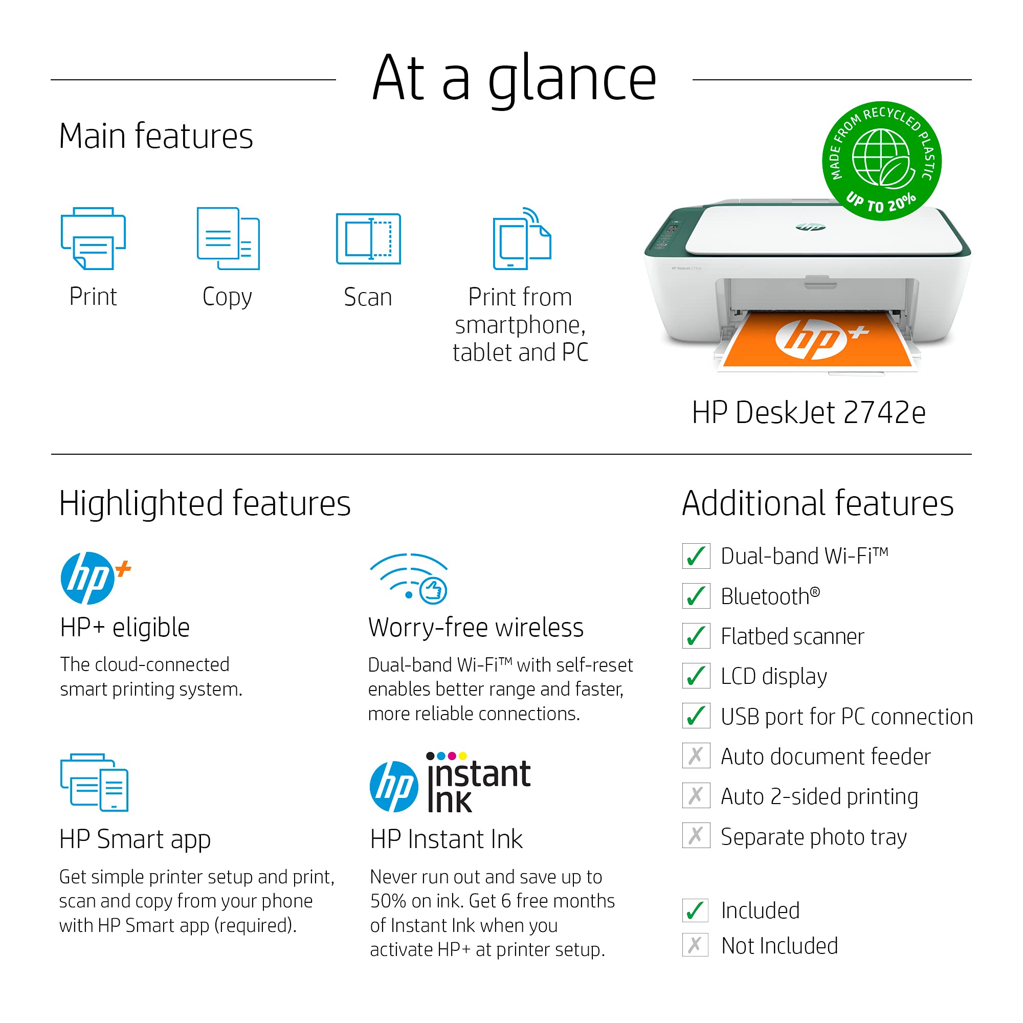 HP DeskJet 27 42e Series Wireless Inkjet Color All-in-One Printer - Print Copy Scan - Mobile Printing - USB Connectivity - Up to 7 ISO PPM - Up to 4800 x 1200 DPI - Sequoia + HDMI Cable
