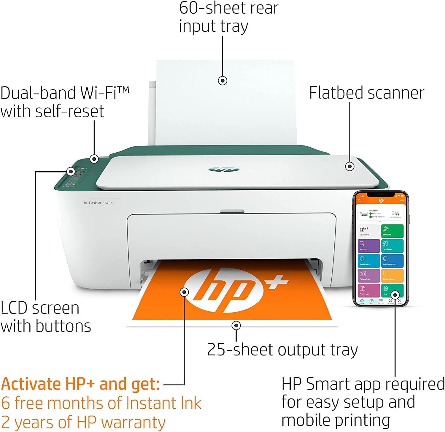 HP DeskJet 27 42e Series Wireless Inkjet Color All-in-One Printer - Print Copy Scan - Mobile Printing - USB Connectivity - Up to 7 ISO PPM - Up to 4800 x 1200 DPI - Sequoia + HDMI Cable