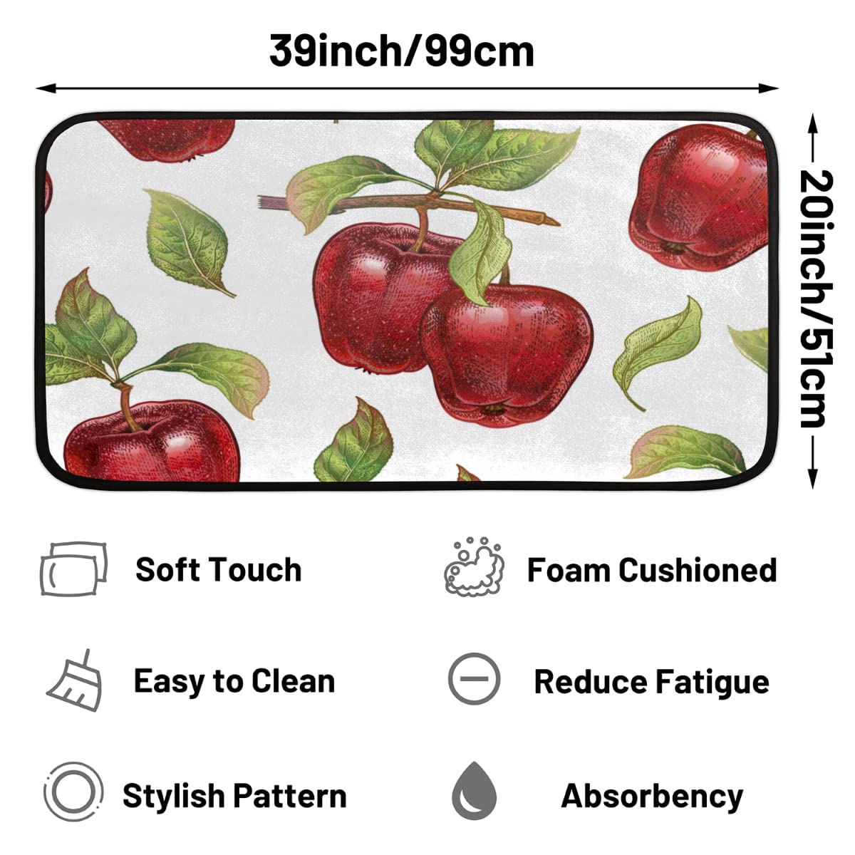 Pardick Red Apples Leaves Kitchen Rugs and Mats, Fresh Fruit Non Slip Washable Absorbent Area Rugs Anti Fatigue Kitchen Mat Memory Foam Doormat Runner Rug for Floor Kitchen Bathroom 39X20in