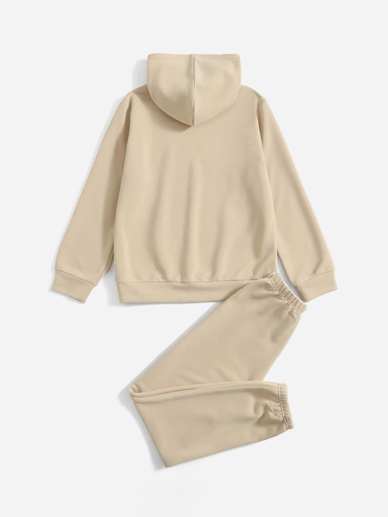 SHENHE Boy's 2 Piece Outfits Letter Print Long Sleeve Hoodie and Sweatpants Sweatsuits Apricot 10Y