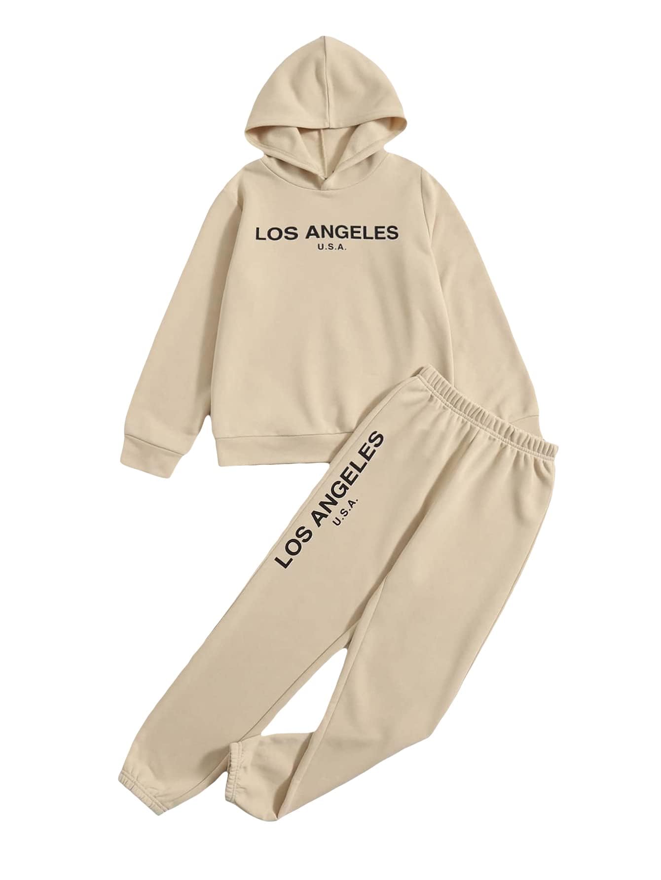SHENHE Boy's 2 Piece Outfits Letter Print Long Sleeve Hoodie and Sweatpants Sweatsuits Apricot 10Y