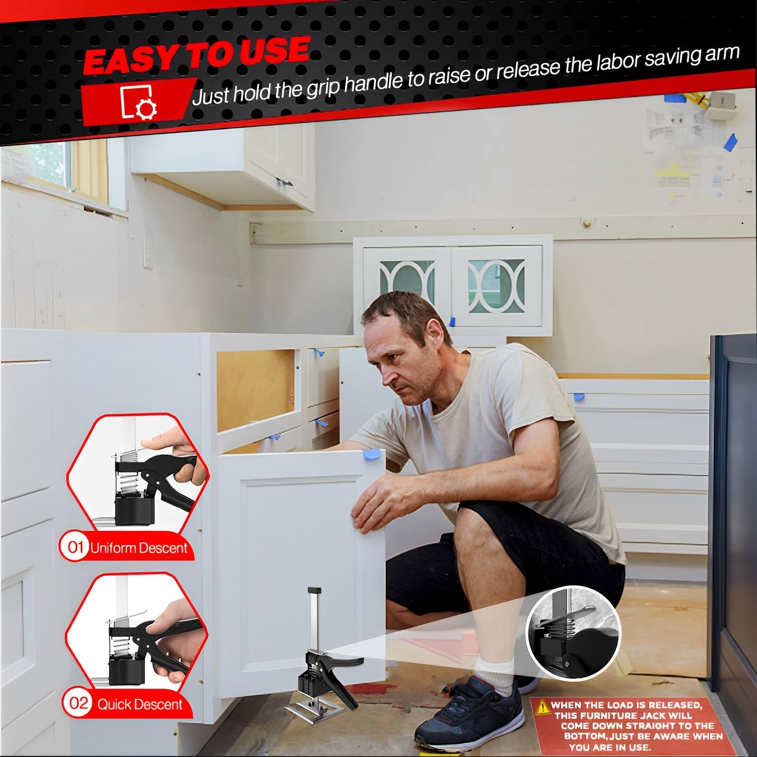 Juprodis 2 Pack Labor Saving Arm Jack, 220 LB Heavy Duty Furniture Lifter, 6.5 Inch Adjustable Height Drywall Lift, Utility Cabinet Jacks for Installing Cabinets, Doors, DYI Home Improvement, Black