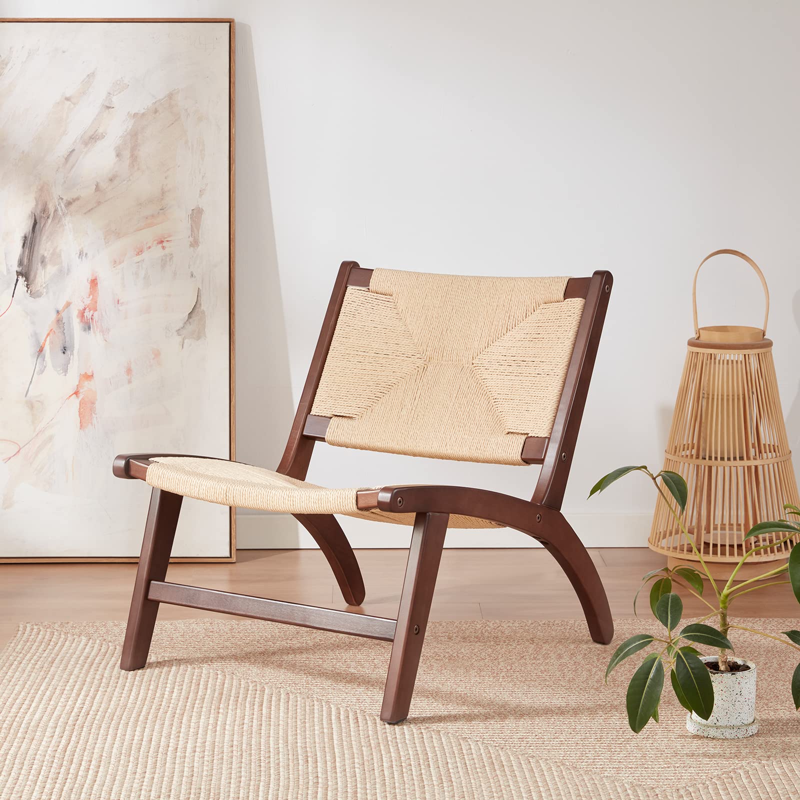 Modern Boho Accent Chairs for Living Room,Mid Century Lounge Chair,Side Chair Indoor Scandinavian Cognac Natural Wood Beech Braided Jute Woven Weave Paper Rope Seat Accent Chair