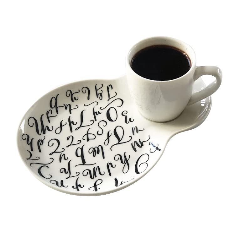 Truly.Madly Ink Armenian Alphabet Espresso Cups with Saucers, Set of 6, Armenian Coffee Cups with Handle, 3 oz. Porcelain Cups with Plates
