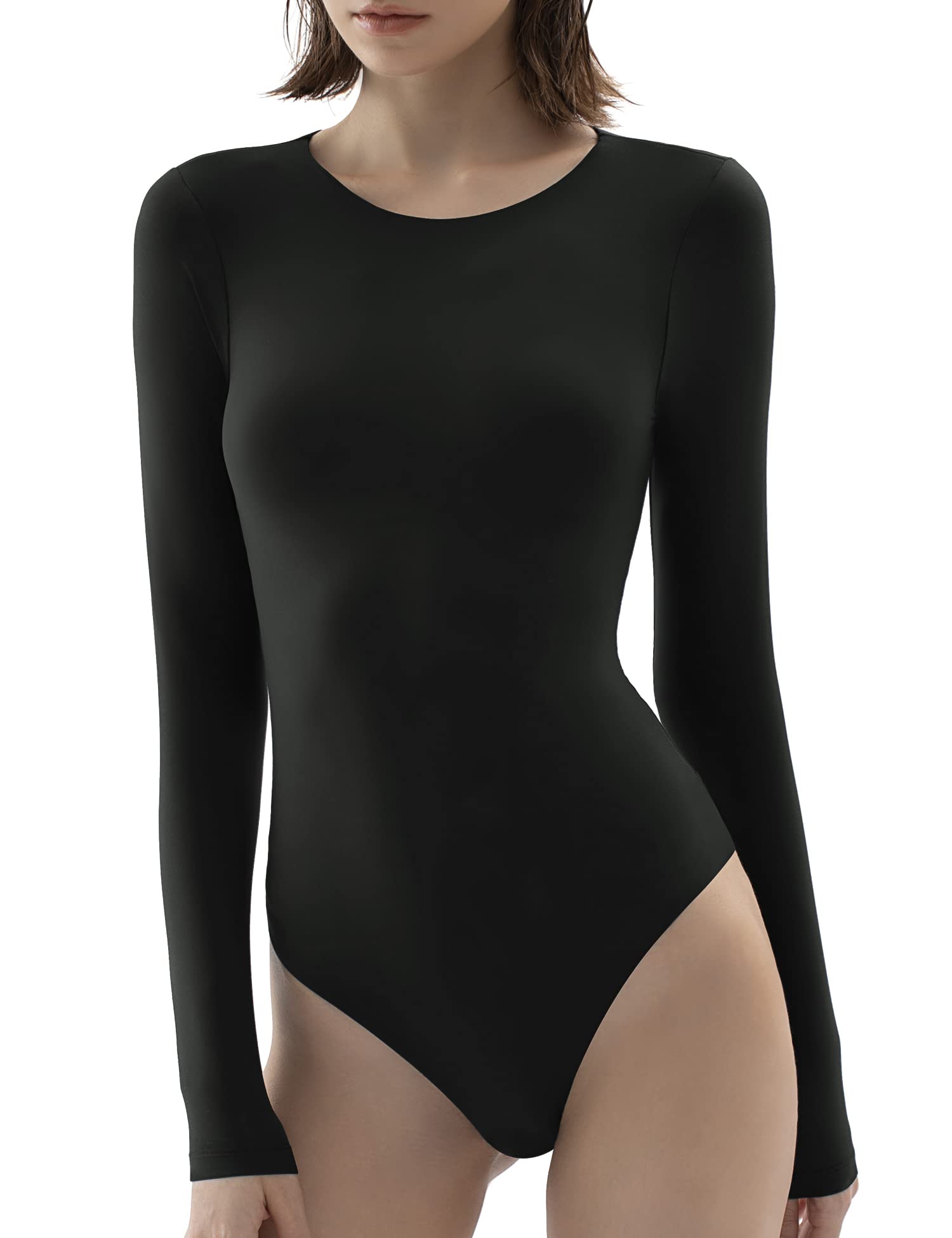 PUMIEY Long Sleeve Bodysuit For Women Sexy Crew Neck Tops Body Suits Womens Dupes Bodysuits Jet Black X-Large