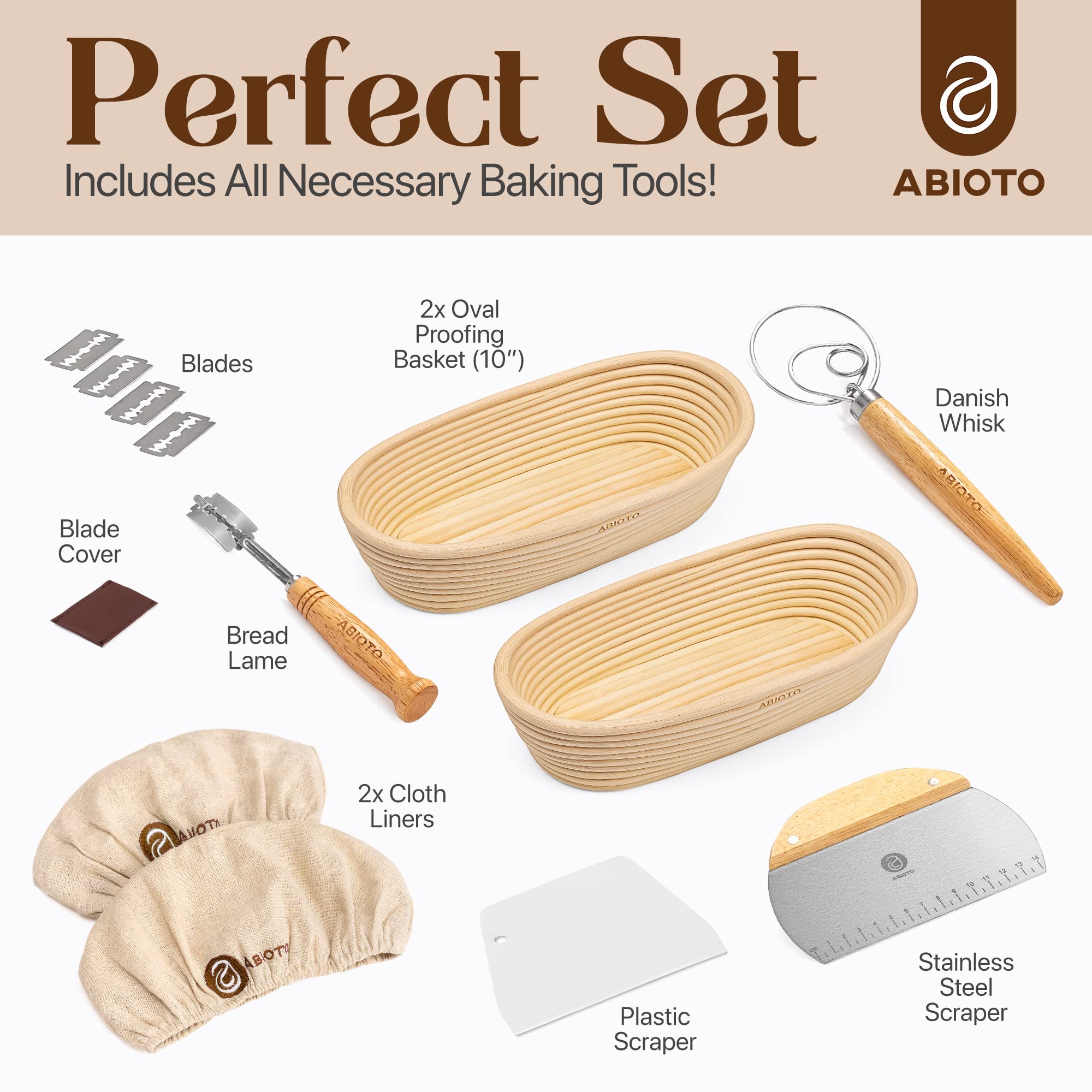 ABIOTO 2 10 Inch Oval Proofing Baskets for Sourdough Bread Baking & Supply, Includes All Necessary Bread Making Tool, Banneton Baskets, Bread Lame, Danish Whisk, Bowl & Dough Scrapers & Linen Liners