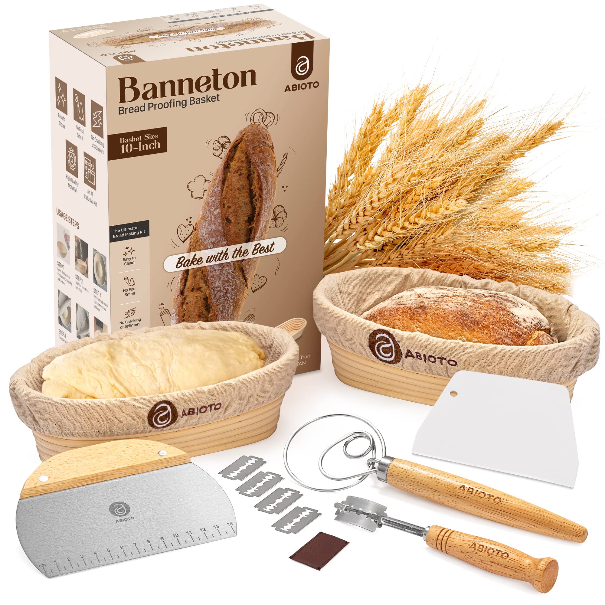 ABIOTO 2 10 Inch Oval Proofing Baskets for Sourdough Bread Baking & Supply, Includes All Necessary Bread Making Tool, Banneton Baskets, Bread Lame, Danish Whisk, Bowl & Dough Scrapers & Linen Liners