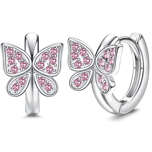 JeryWe Cute Butterfly Sleeper Small Hoop Earring 925 Sterling Silver CZ Crystal Huggie Earring Round Cartilage Tragus Mini Hoops Earring Ear Cuffs Piecing Dainty Jewelry Gifts for Women Sensitive Ears